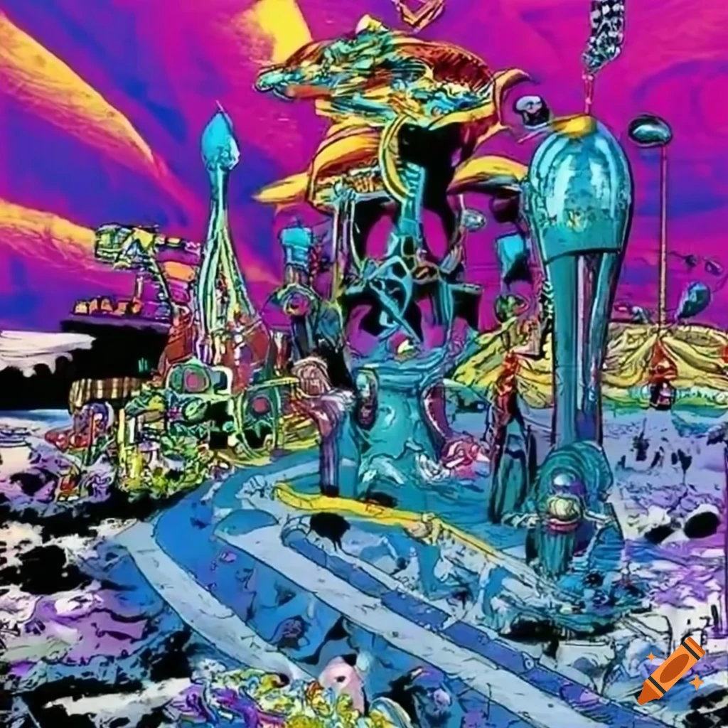 Intricately detailed psychedelic comic page by Rick Griffin showcasing ...