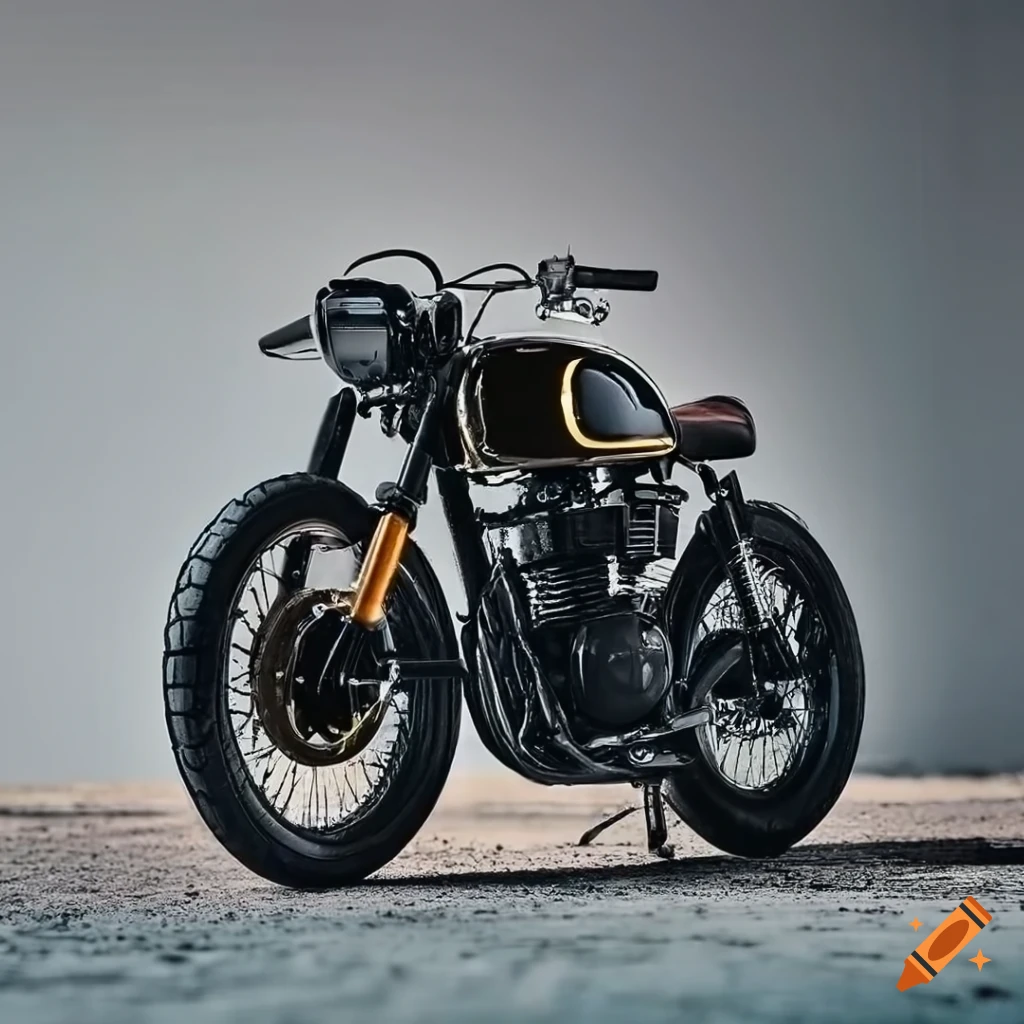 Customized black Honda CB350 cafe racer with golden adornments on Craiyon