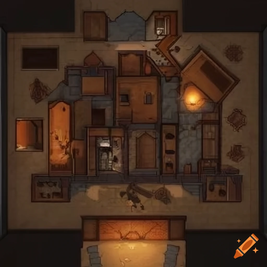 Top-down map of a mansion with numerous bedrooms for RPG game on Craiyon