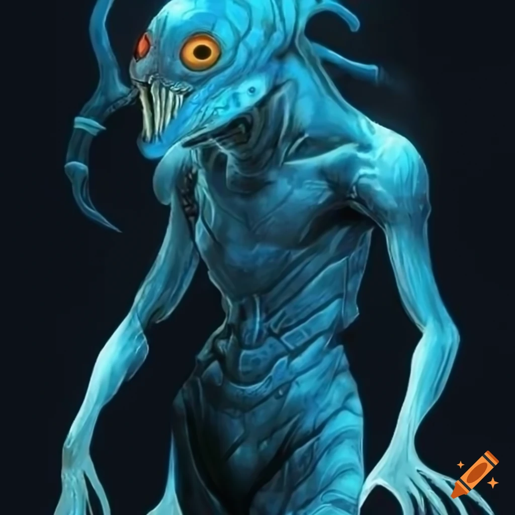 Blue fish humanoid alien space pirate in Metroid style on Craiyon