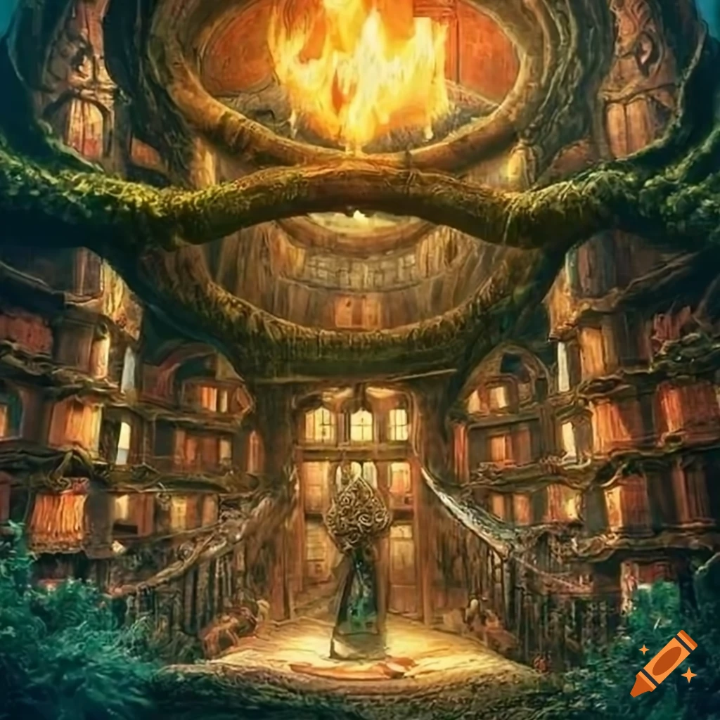 Elven Library with large tree, fireplace, and pool of water on Craiyon