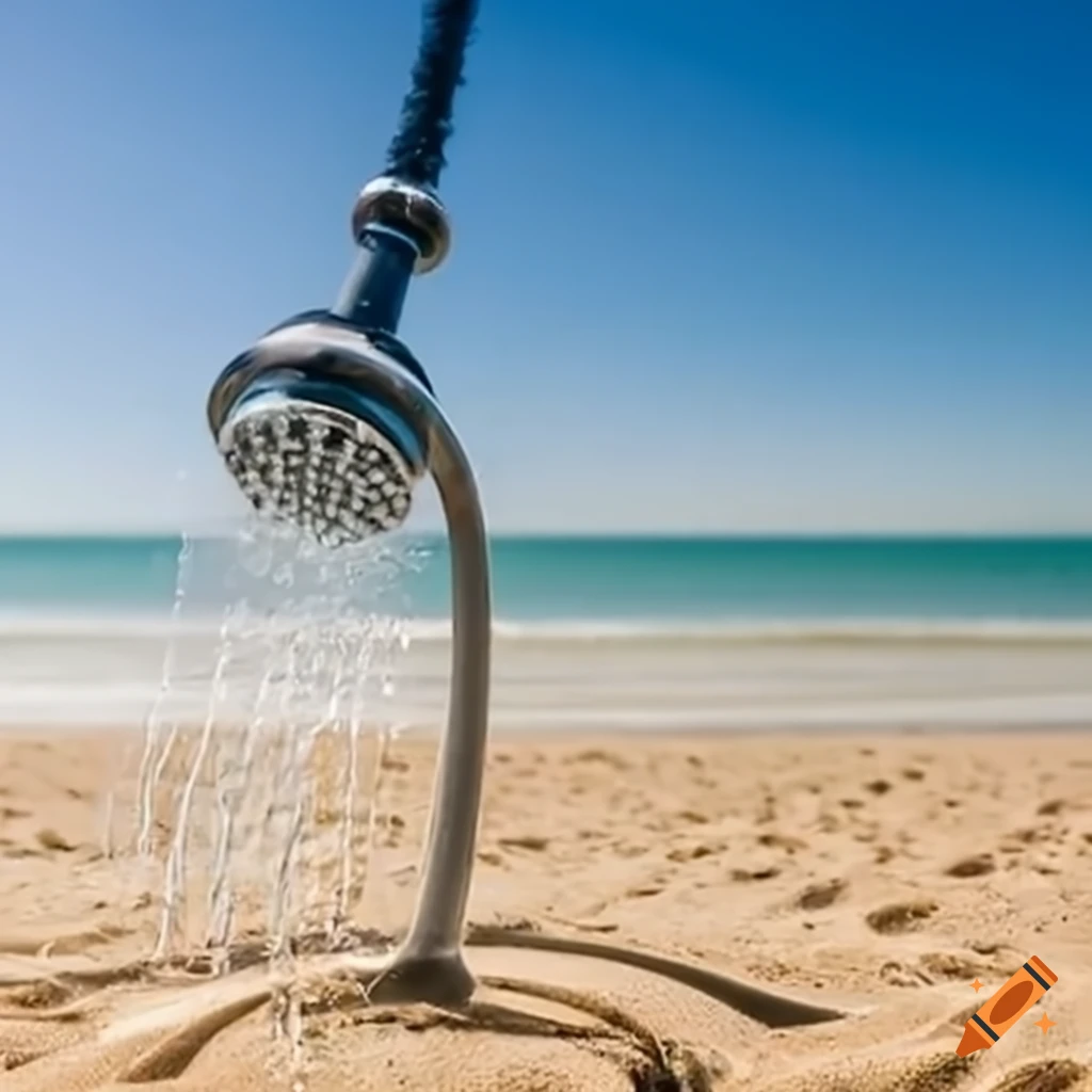 Beach shower flowing water on sand on Craiyon