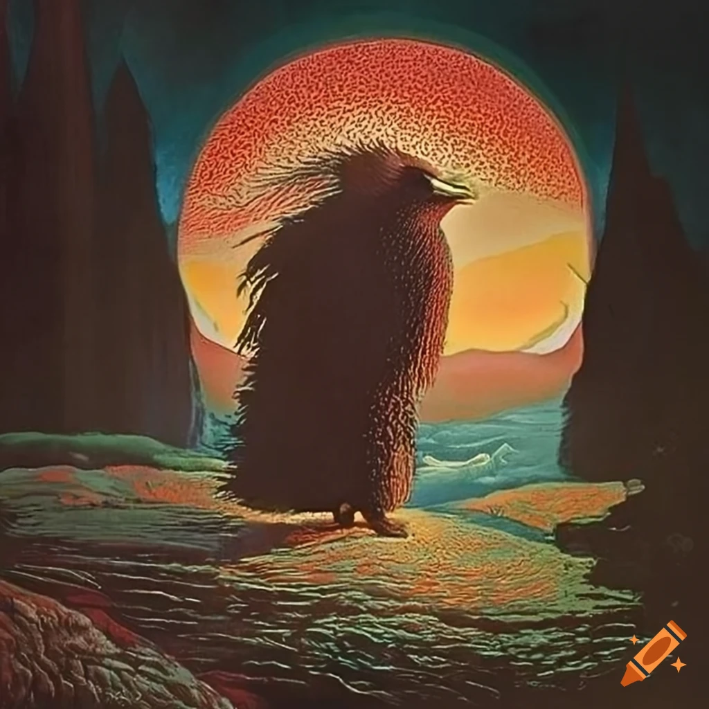 Wide angle panorama color serigraph depicting dreamtime vision with ...