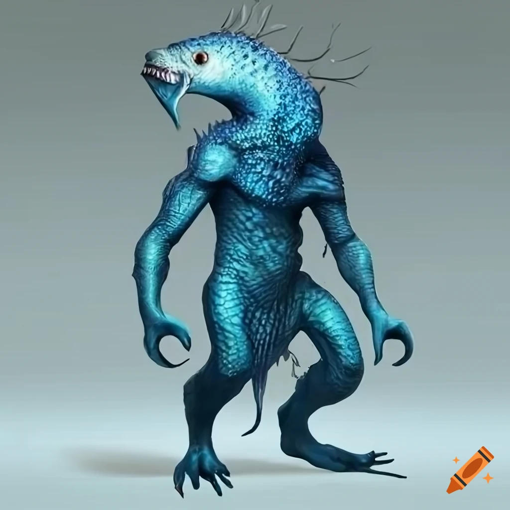 Large blue humanoid creature with fish features - sheegoth on Craiyon