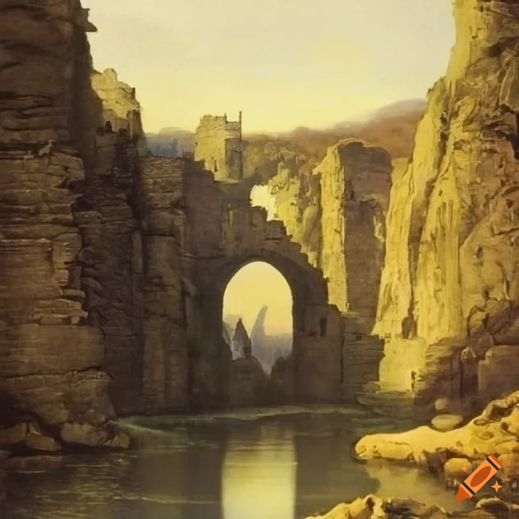 Ancient giant bridge castle ruins in the mountains by Ted Nasmith, John Howe, Alan Lee on Craiyon
