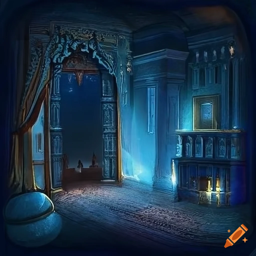 Nighttime setting in a room with royal decor and starry night sky view ...