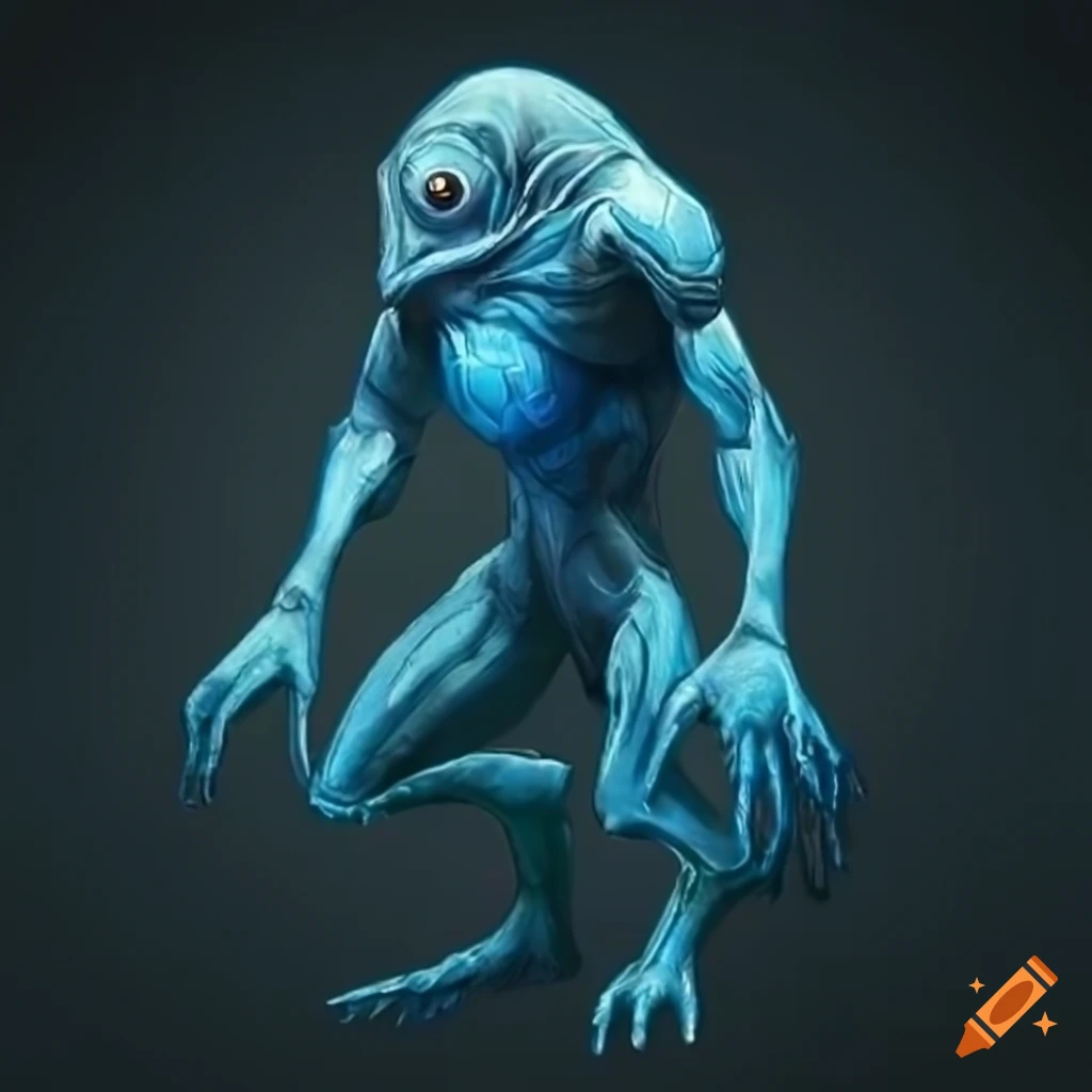 Blue fish humanoid alien with a Metroid-style space pirate look on Craiyon