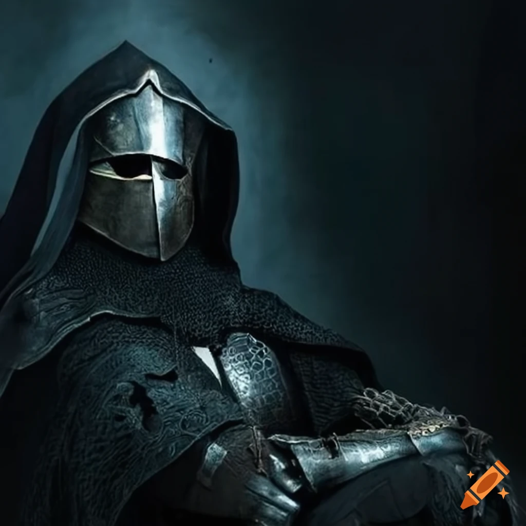 Cloaked masked knight sitting in armor on Craiyon