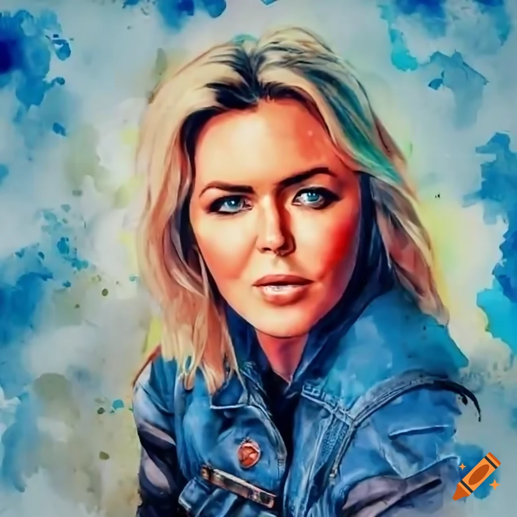 Blonde woman with outlaw biker style outfit sitting relaxed on Craiyon