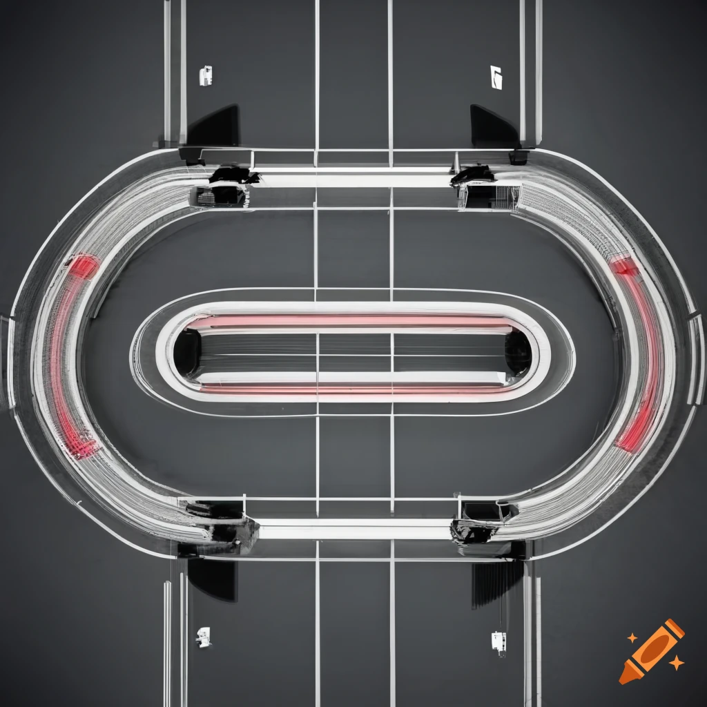 Overhead view of futuristic oval race track with four lanes on Craiyon