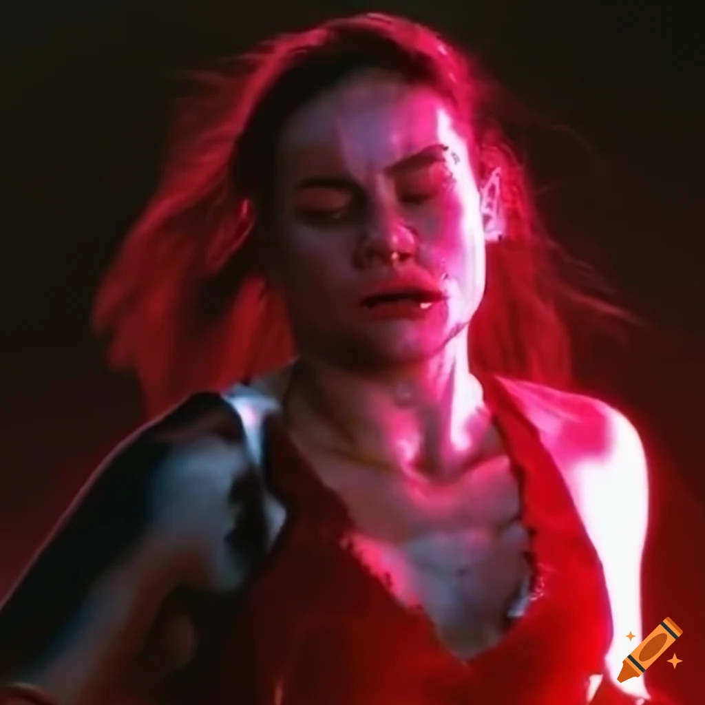 Defeated female martial fighter in a 90's movie scene with expressive ...