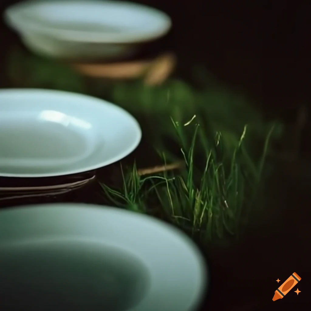 Wobbly stack of plates in meadow grass in a cinematic close-up shot on ...