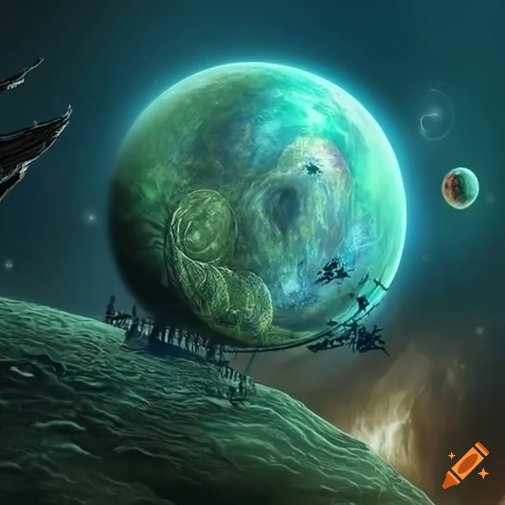 Ancient alien race landing on a verdant planet with intricate ships on ...