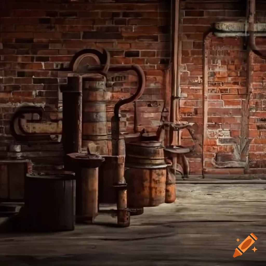 Antique industrial interior with rusty pipes, brick walls, and barrels ...