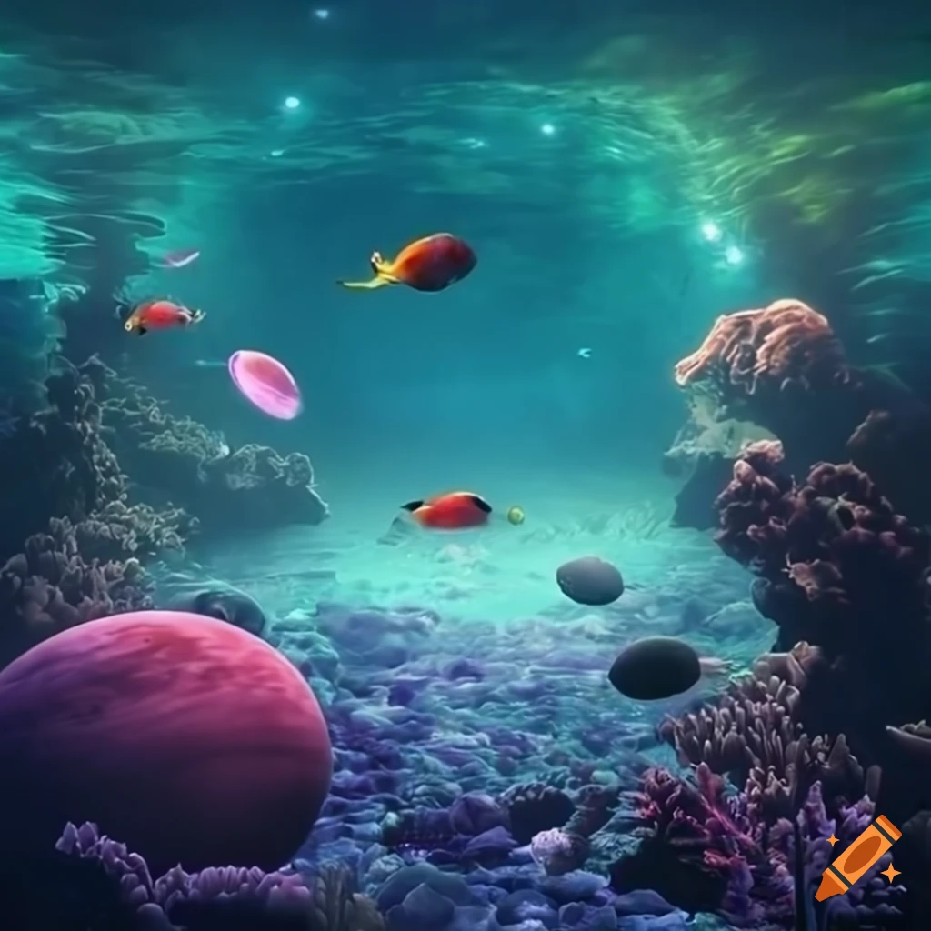Surreal landscape merging underwater and outer space with fish swimming ...