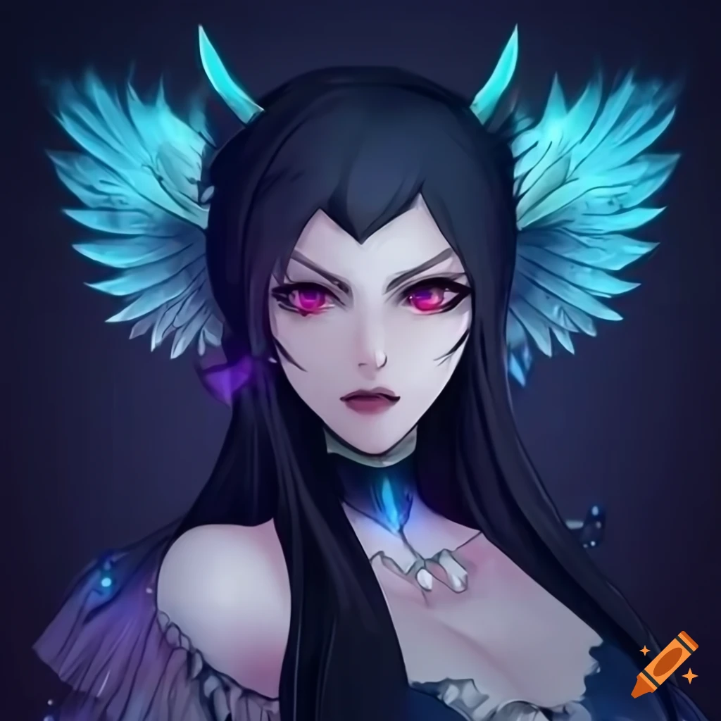 Anime villainess with black raven wings and blue dress in close-up on ...