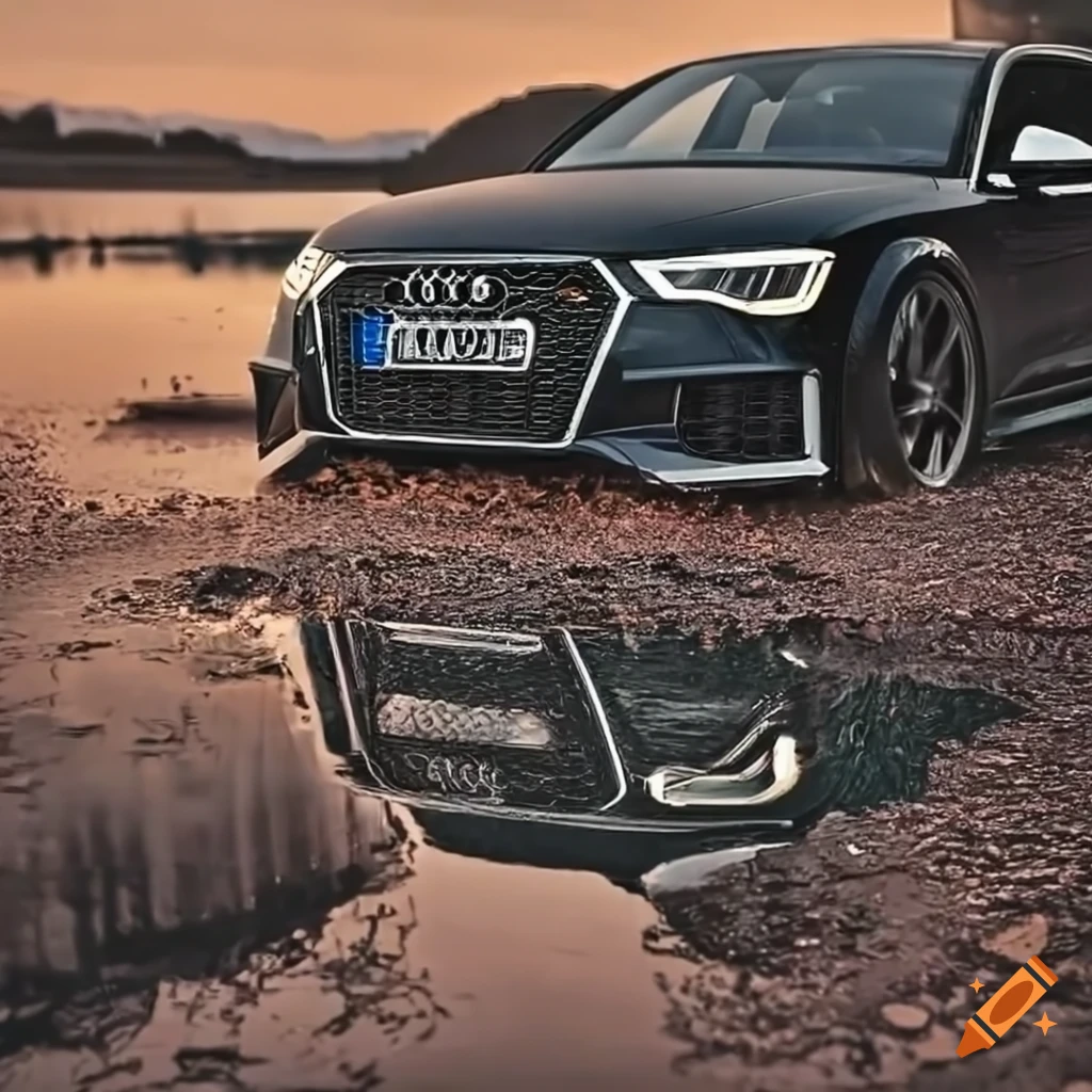Rain-soaked black Audi RS3 near a picturesque sunset reflecting in a ...