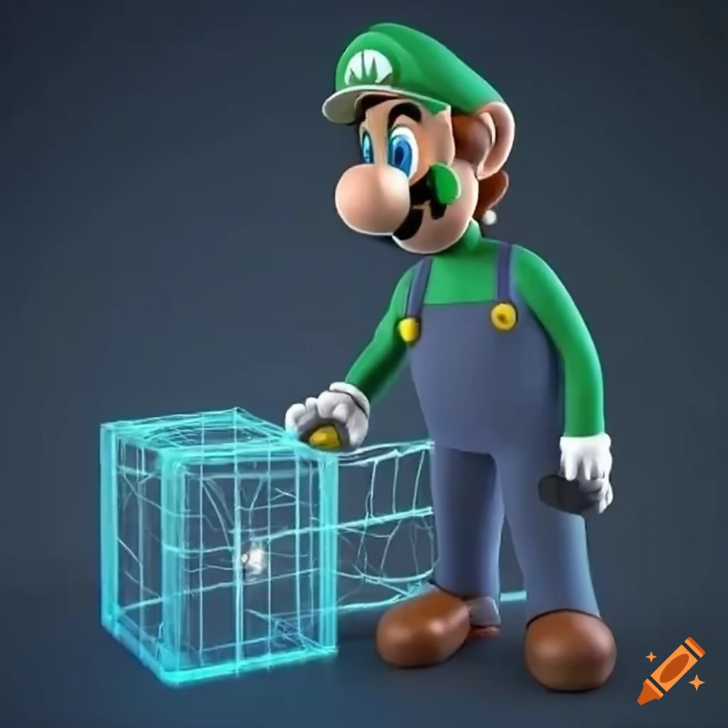 Luigi and mario with 3d wireframe battling ghosts with a vacuum cleaner ...