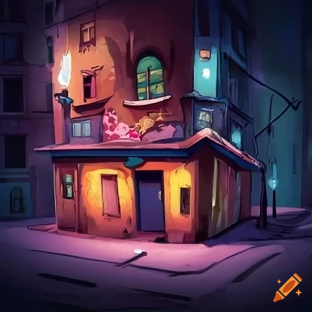 Cartoon ghetto street at night with slum houses and graffiti on Craiyon
