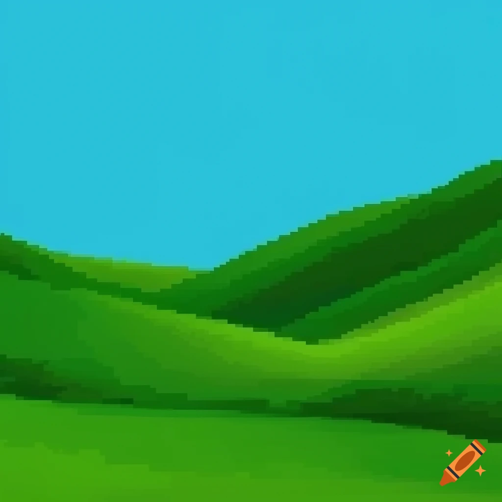 Two bright green hills under a light blue sky with pixel art clouds on ...