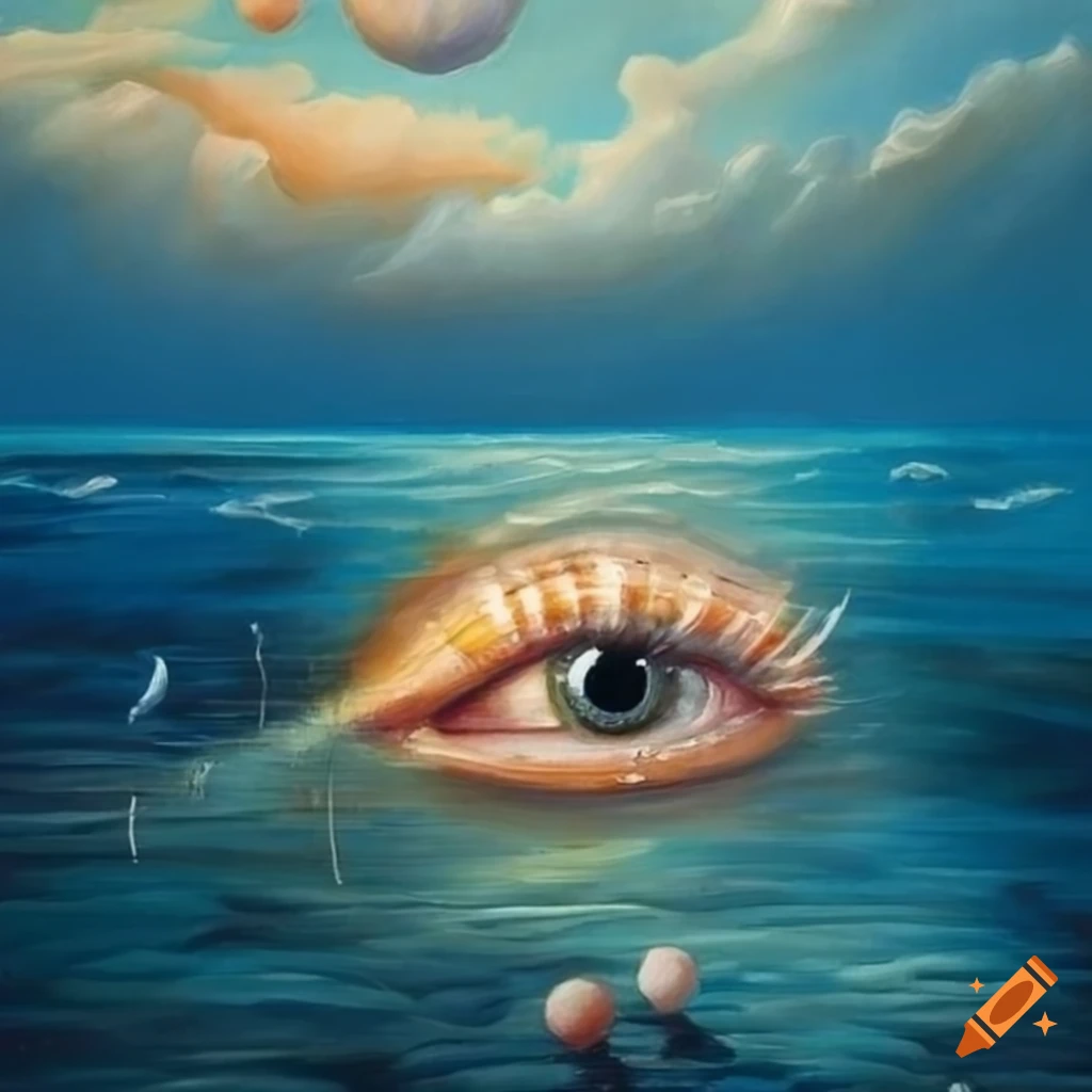 Surrealist representation with ocean, sky, shell, and eye in an oil ...