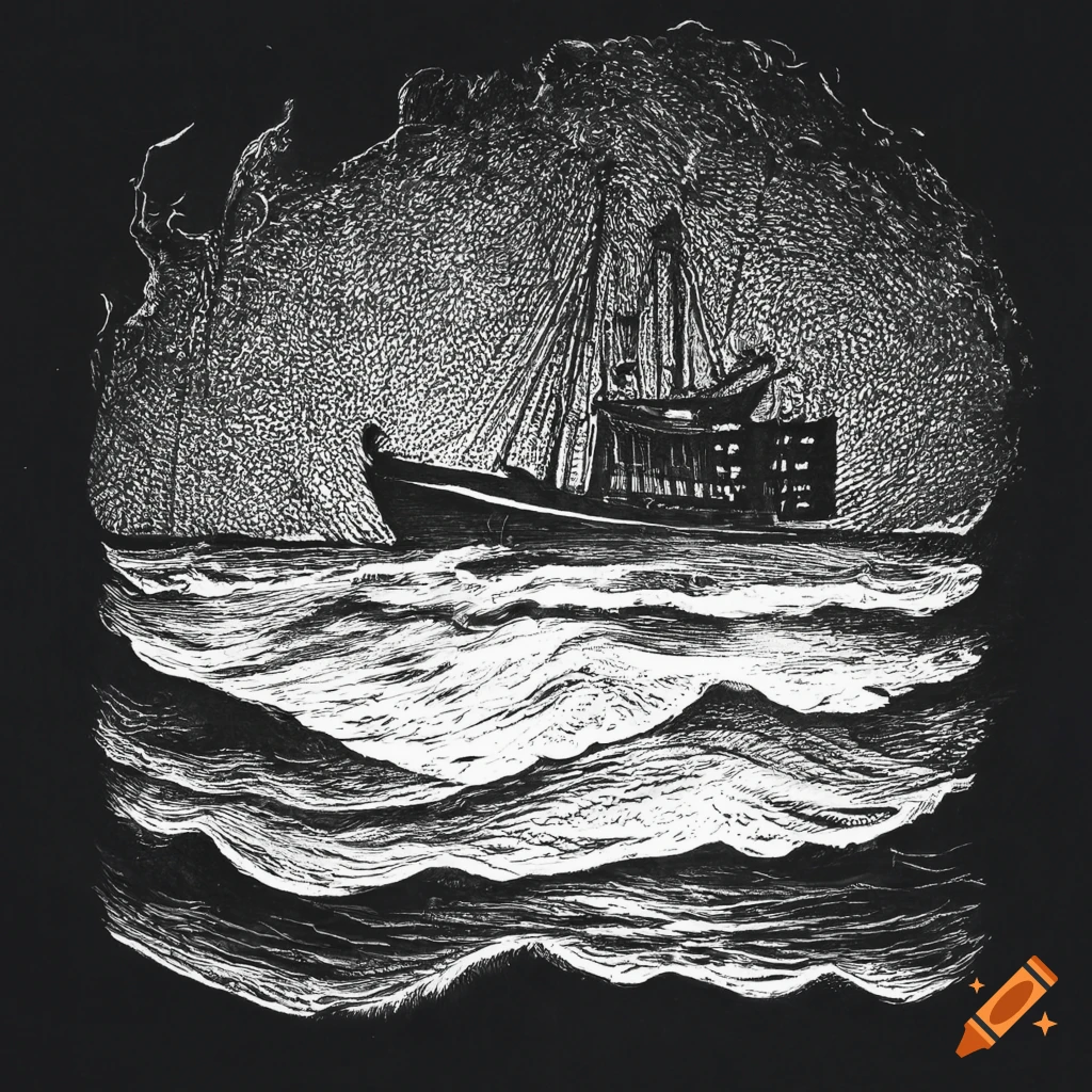 Detailed etching of a small trawler in rough sea viewed from behind on ...