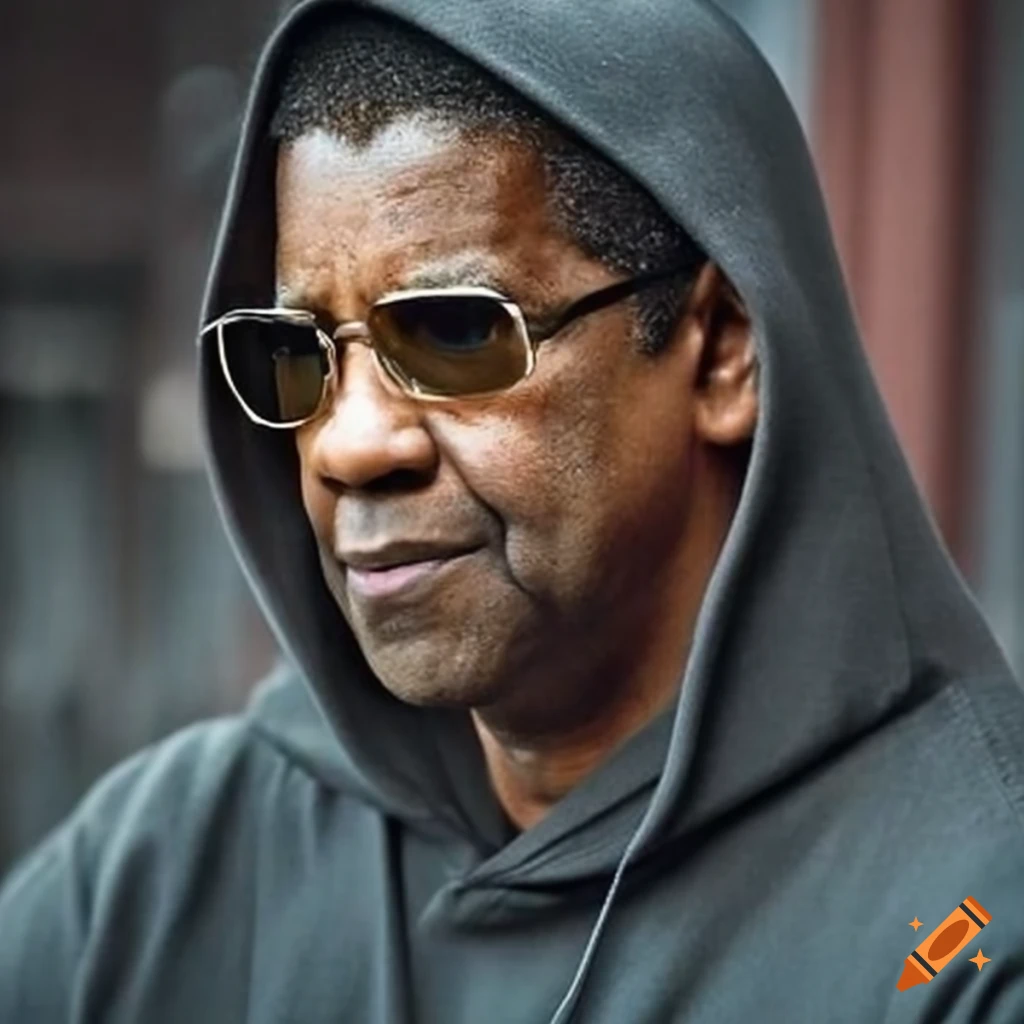 Denzel Washington in urban setting with hoodie and sunglasses on Craiyon