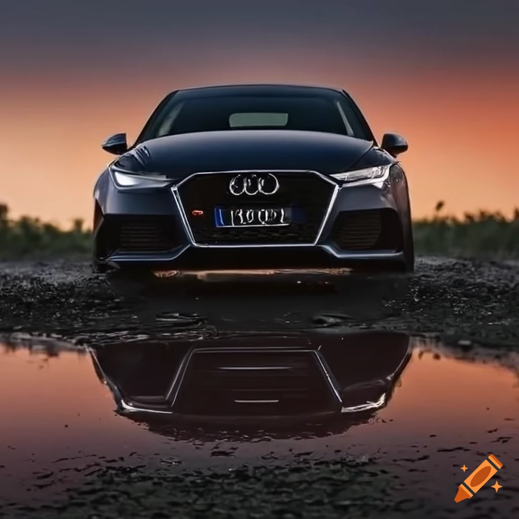 Rain-soaked black audi rs3 near a picturesque sunset reflected in a ...
