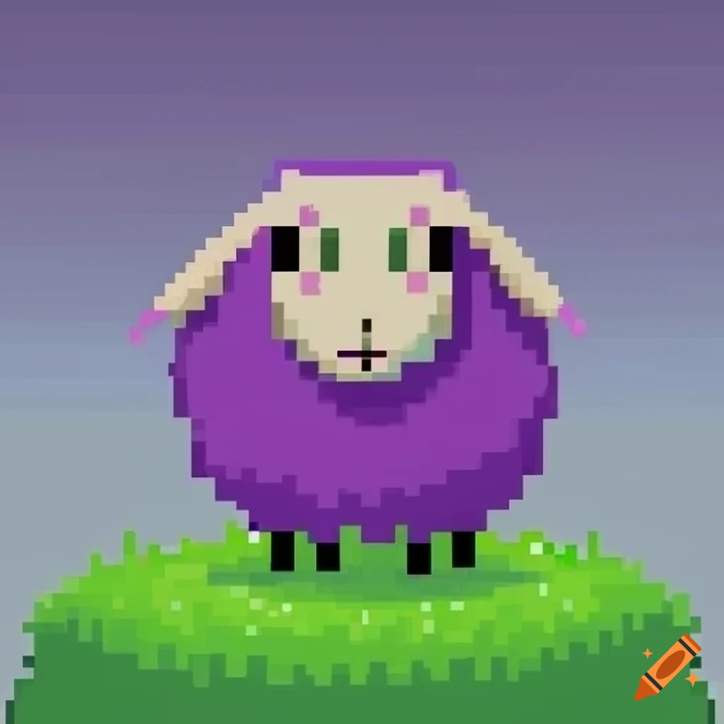 Pixelated purple sheep in green grass cartoon art on Craiyon