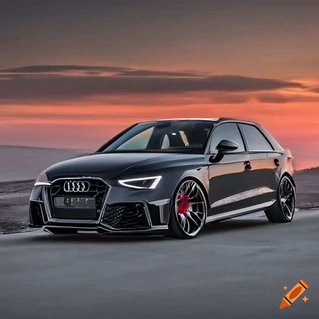 Sleek black audi rs3 parked near a beautiful sunset on Craiyon