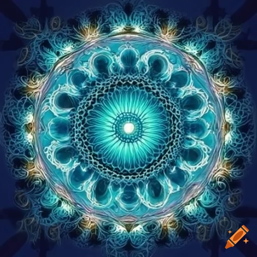 Intricate sacred geometry design with a rainbow color palette on Craiyon