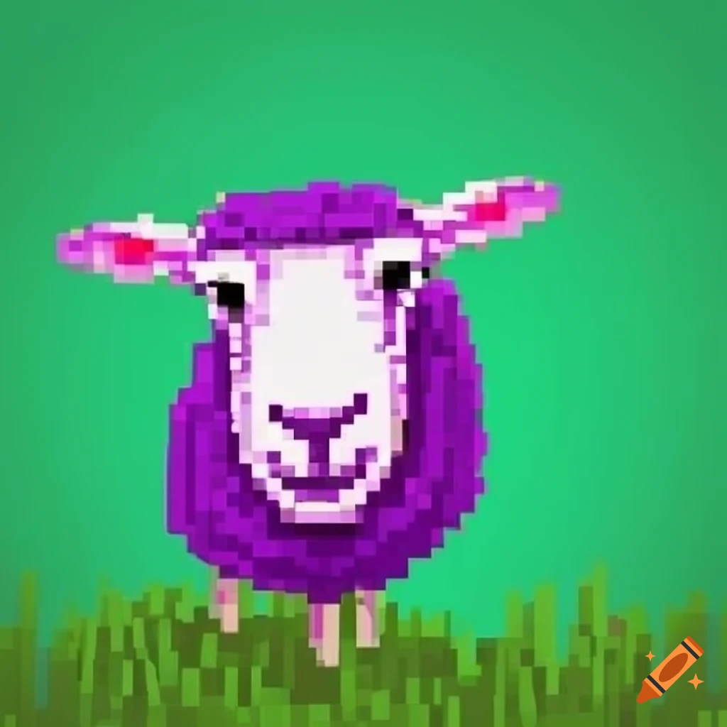 Pixelated purple sheep grazing in green grass in a pop art style on Craiyon