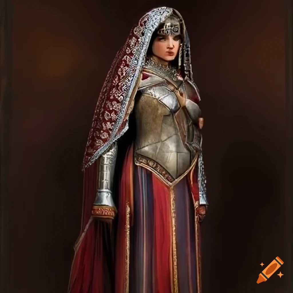 Arabian female knight in ornate armor standing in a desert landscape on ...