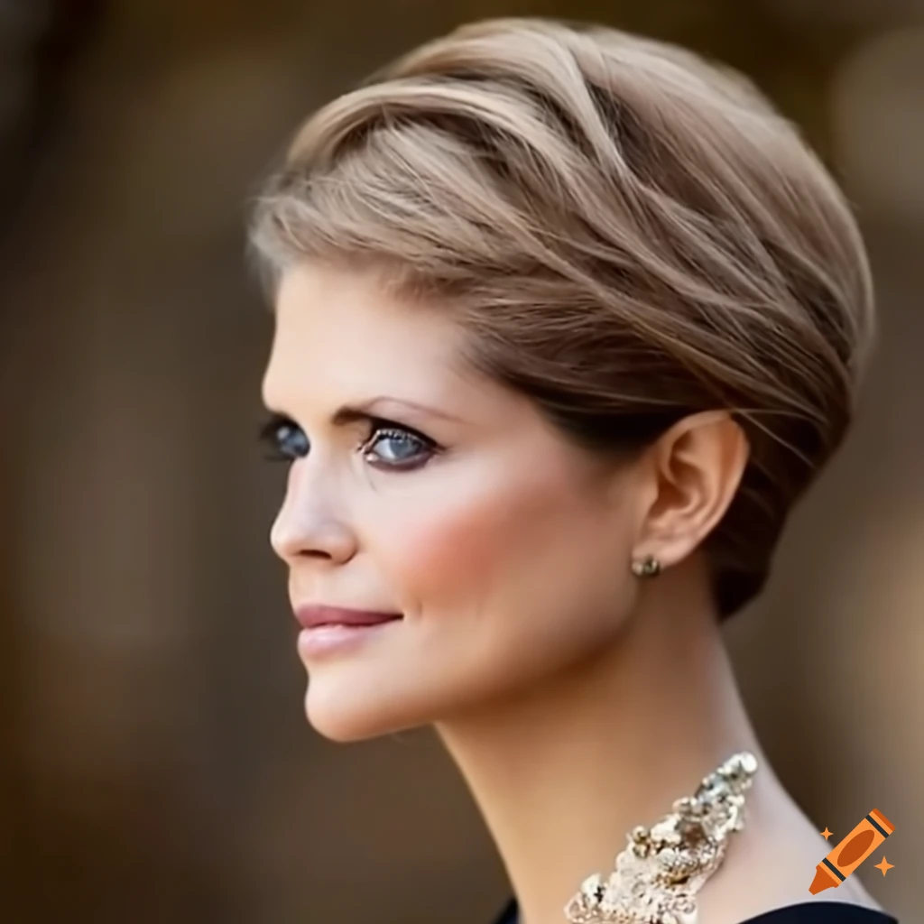 Close-up of Princess Madeleine's chic pixie cut with side part on Craiyon