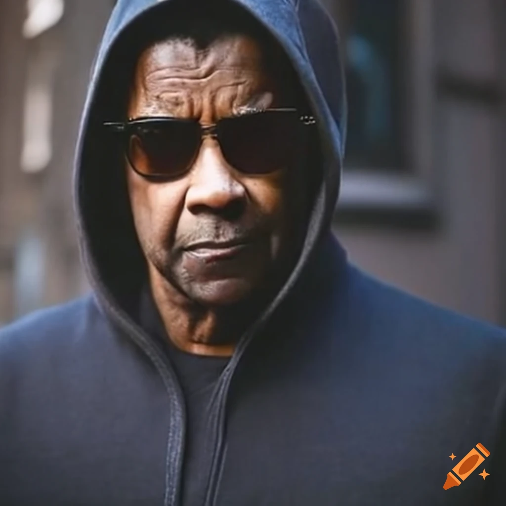 Denzel Washington in an urban setting wearing a hoodie and sunglasses ...