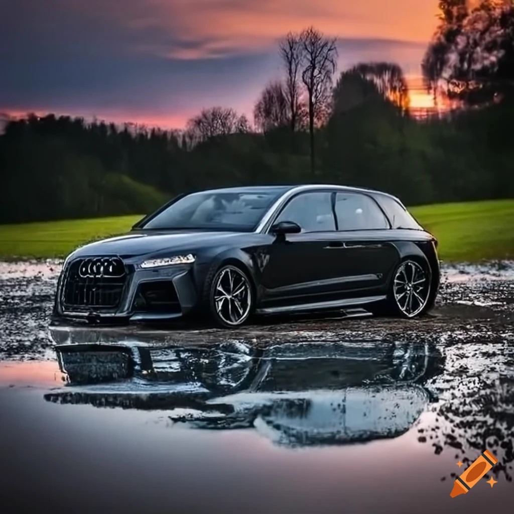 Black Audi RS3 parked in rain near a sunset reflection on Craiyon