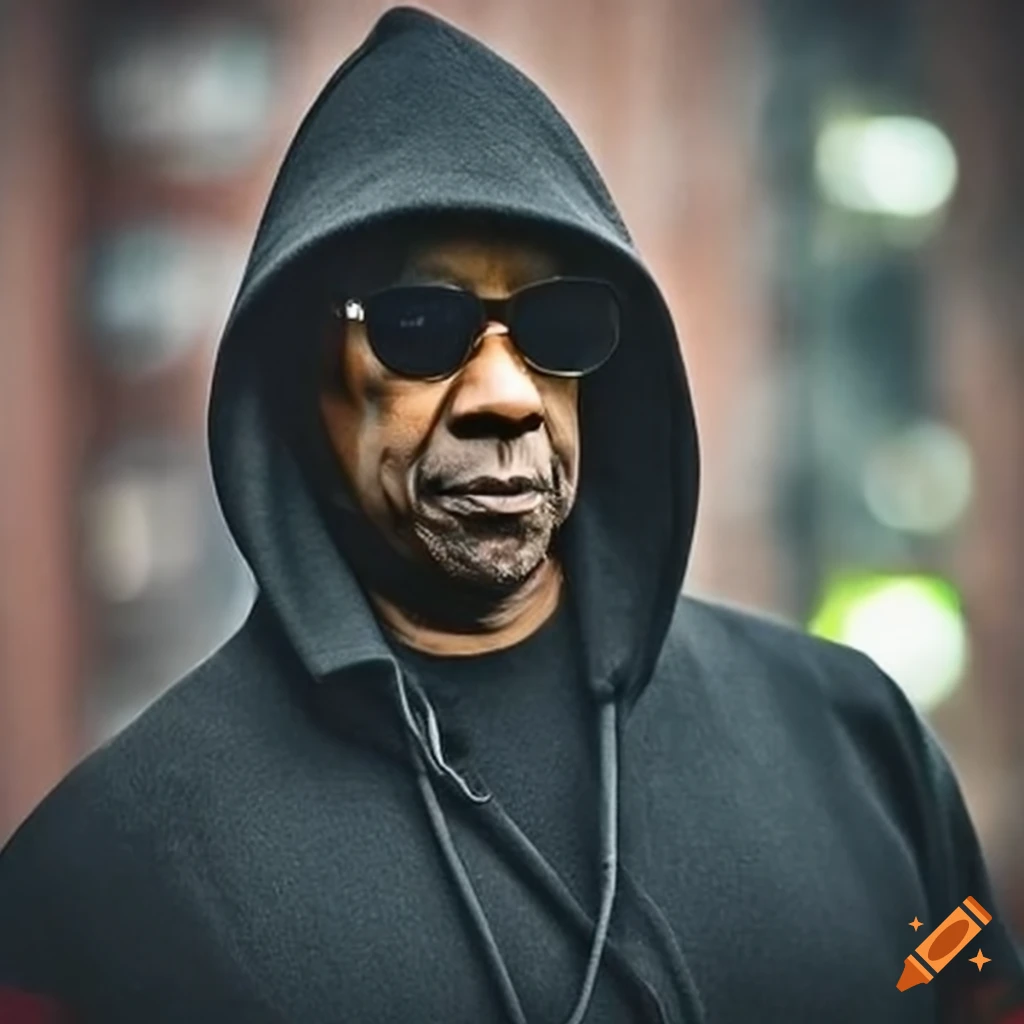 Denzel Washington in urban setting wearing hoodie and sunglasses on Craiyon