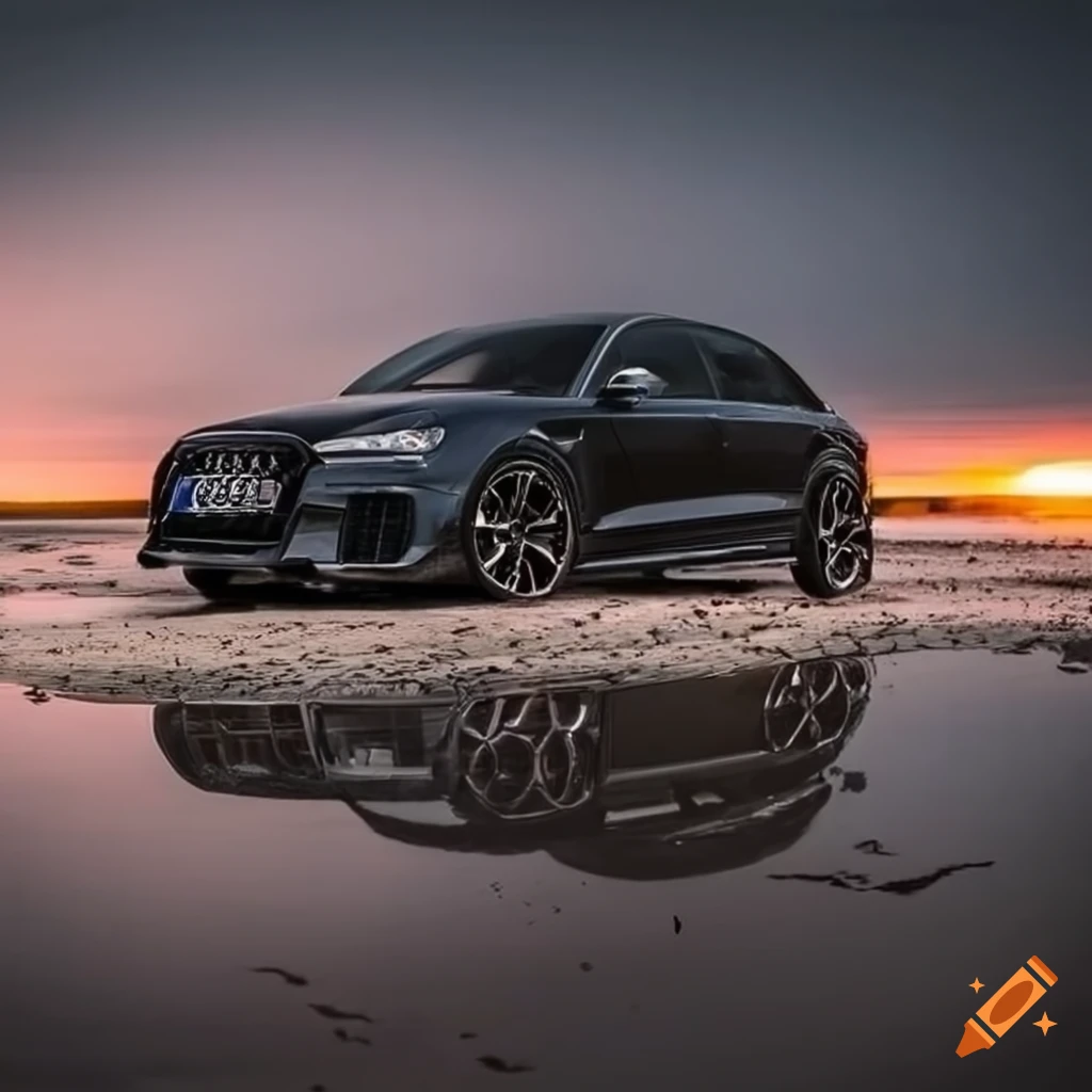 Rain-soaked black Audi RS3 near a sunset reflected in a puddle on Craiyon