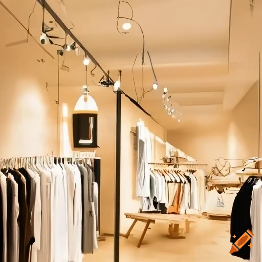 Flagman clothing store with minimal design and tailor station on Craiyon