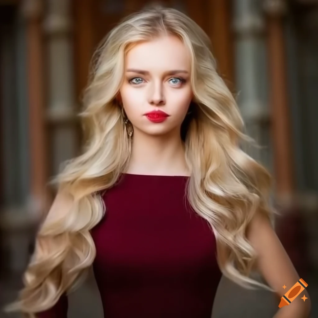 Elegant Russian woman with long wavy blonde hair in formal attire on ...