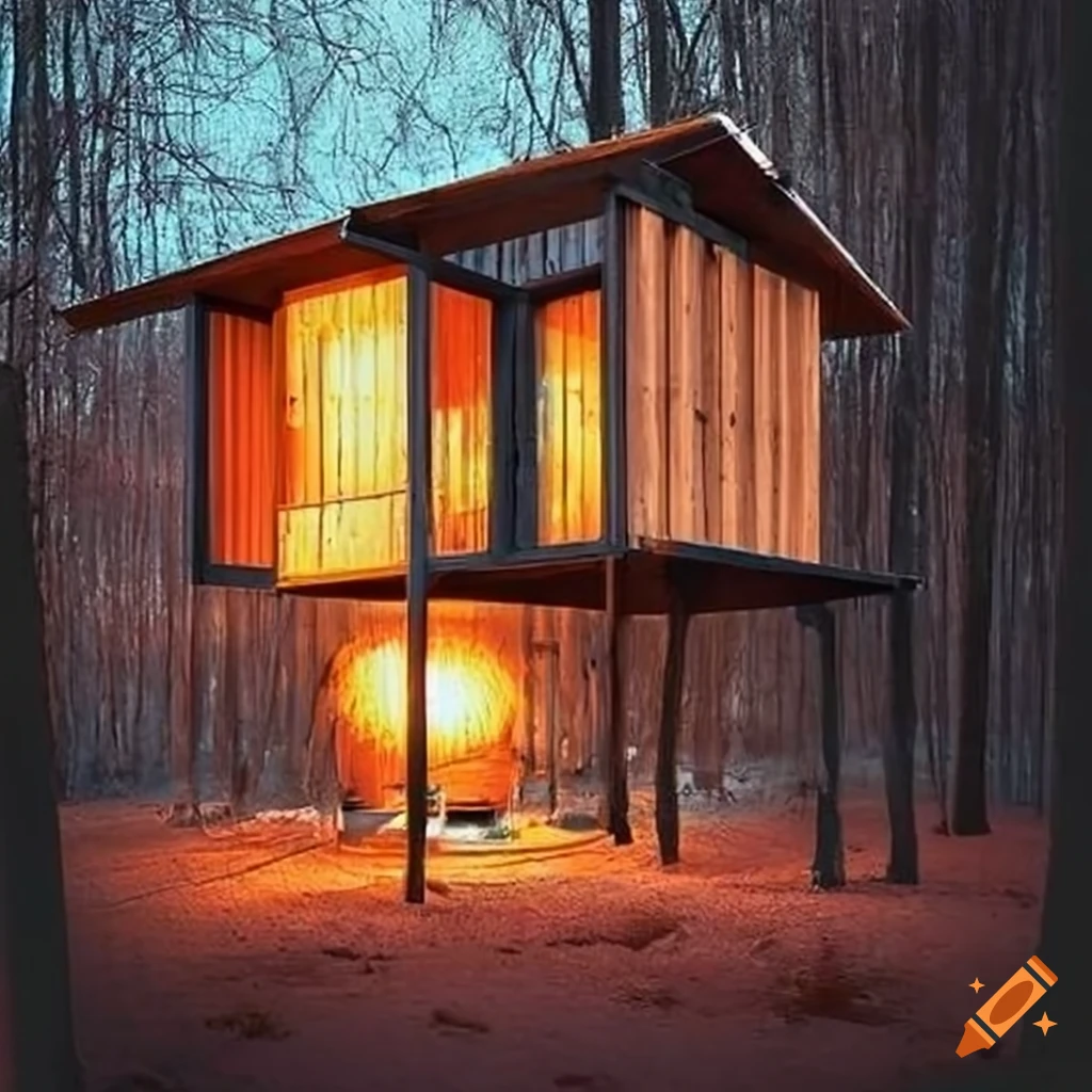 Saltbox cabin on elevated deck with hammock below on Craiyon