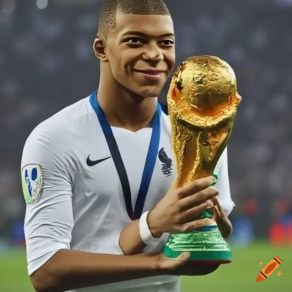 Mbappe in France jersey number 10 holding World Cup trophy on Craiyon