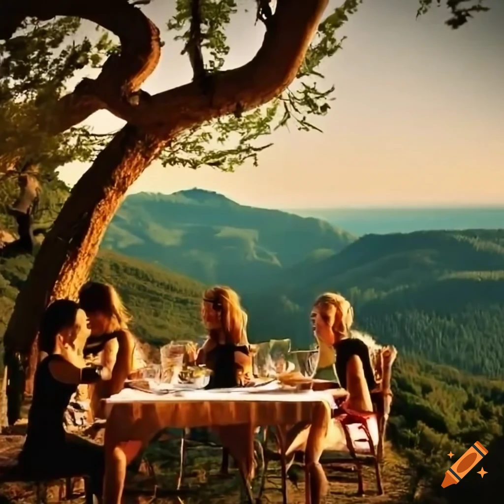 Alfresco dinner party under trees in the Tuscan mountains on Craiyon