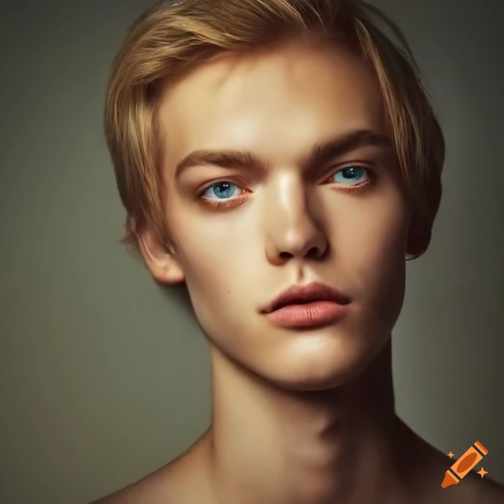 Portrait of an ethereal young man with caramel blonde hair and pale ...
