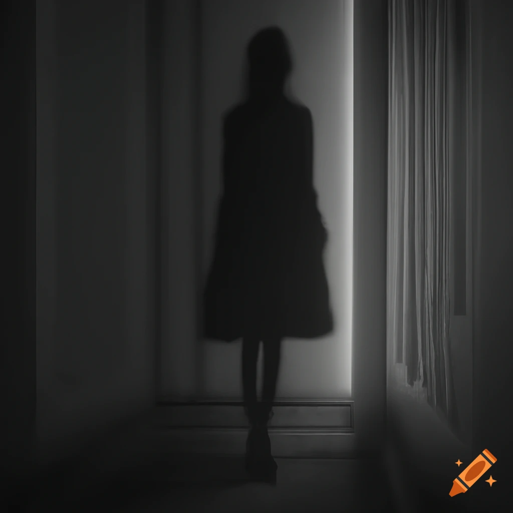 Shadowy figure at end of dimly lit hallway with tall curtains on Craiyon