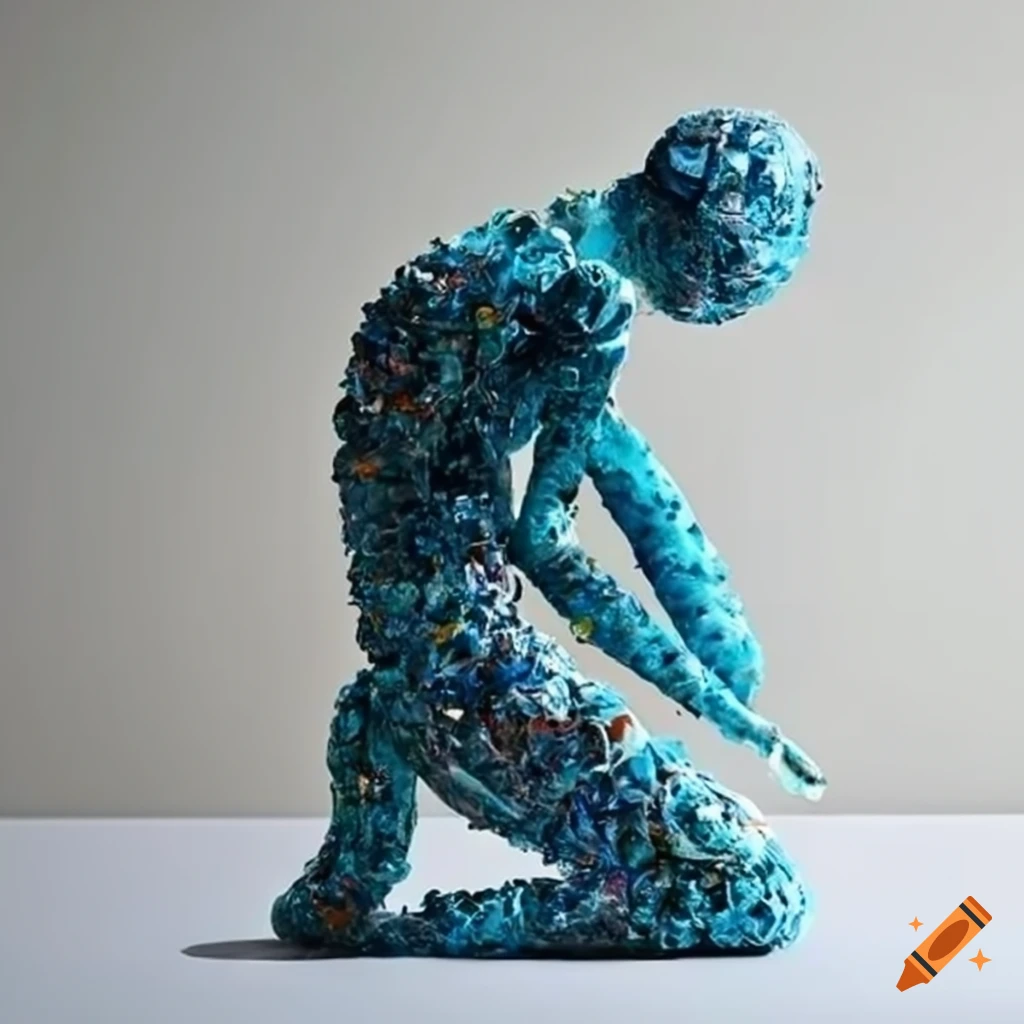 Human metamorphosis sculpture made from recycled plastic bottles on Craiyon