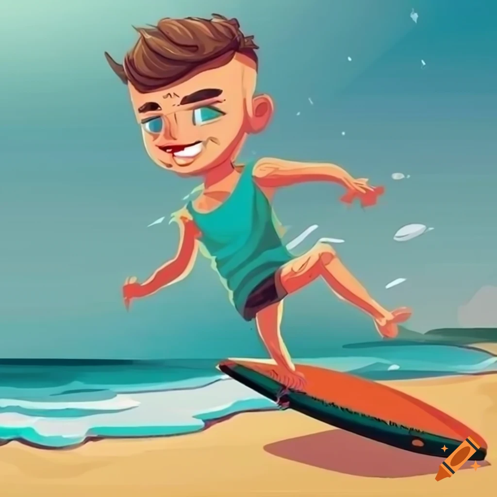 Cute man with surfboard prancing on beachside in cartoon style on Craiyon