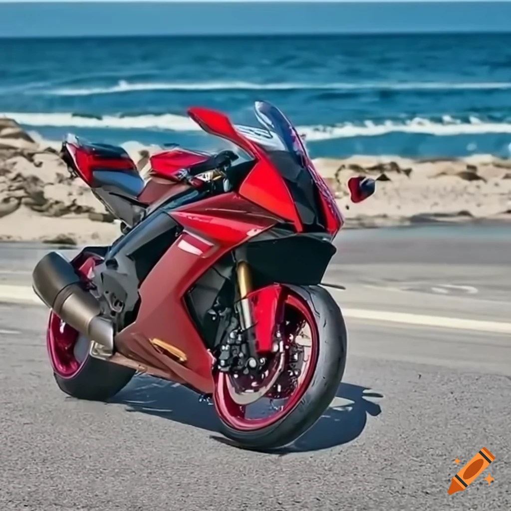 Red Yamaha R1 motorcycle parked on the street by the beach on Craiyon