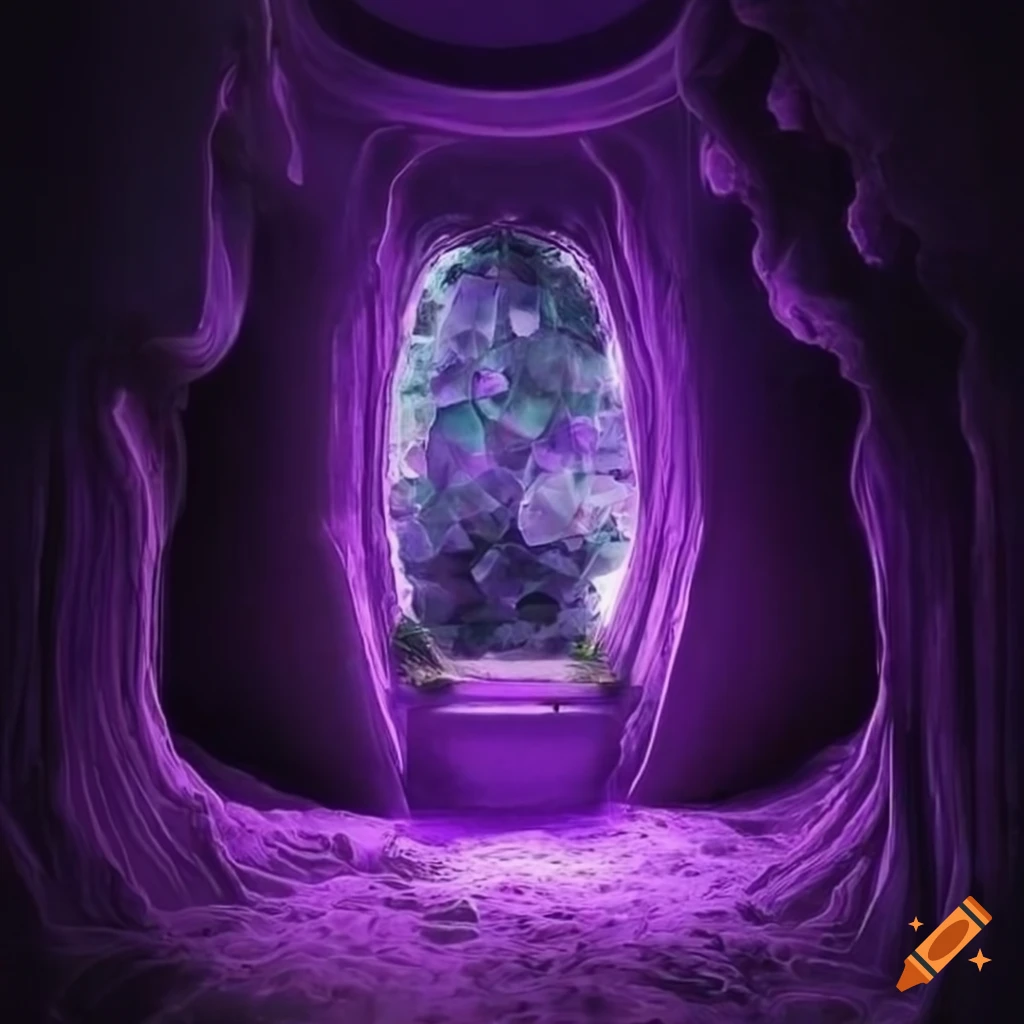 Surreal interior room made of large amethyst reflecting light on Craiyon