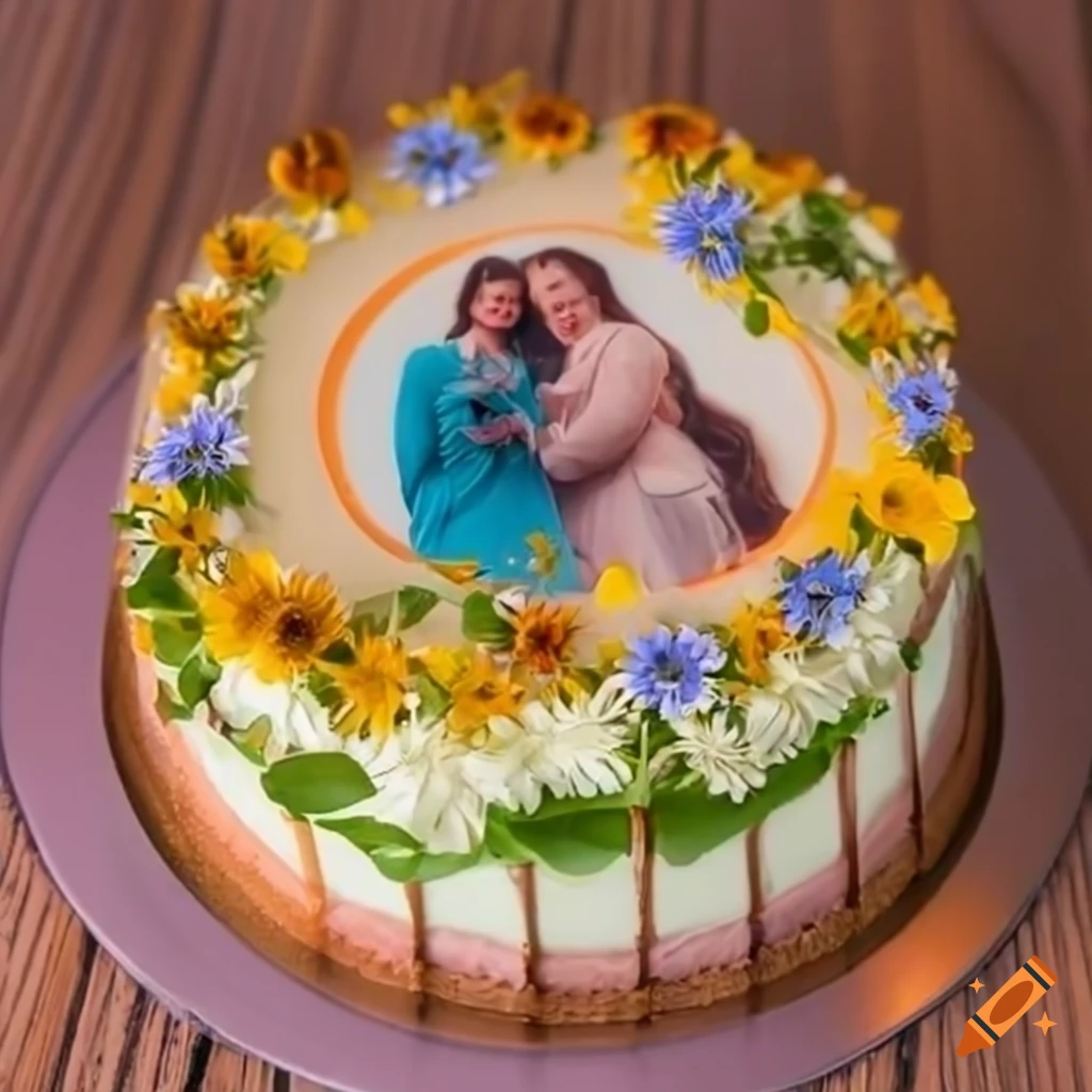 Round cake decorated with August meadow flowers and a woman's picture ...